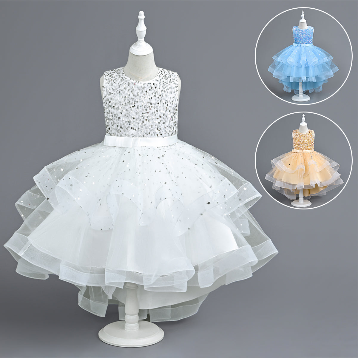 Girls Sequin Puffy Yarn Trailing Star Dress Sleeveless Tulle Gown Wedd ...