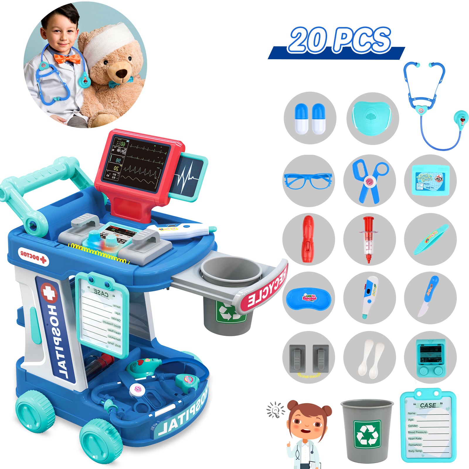 20 PCS Educational Pretend Medical Station Set, Portable Doctor Kit Ro ...