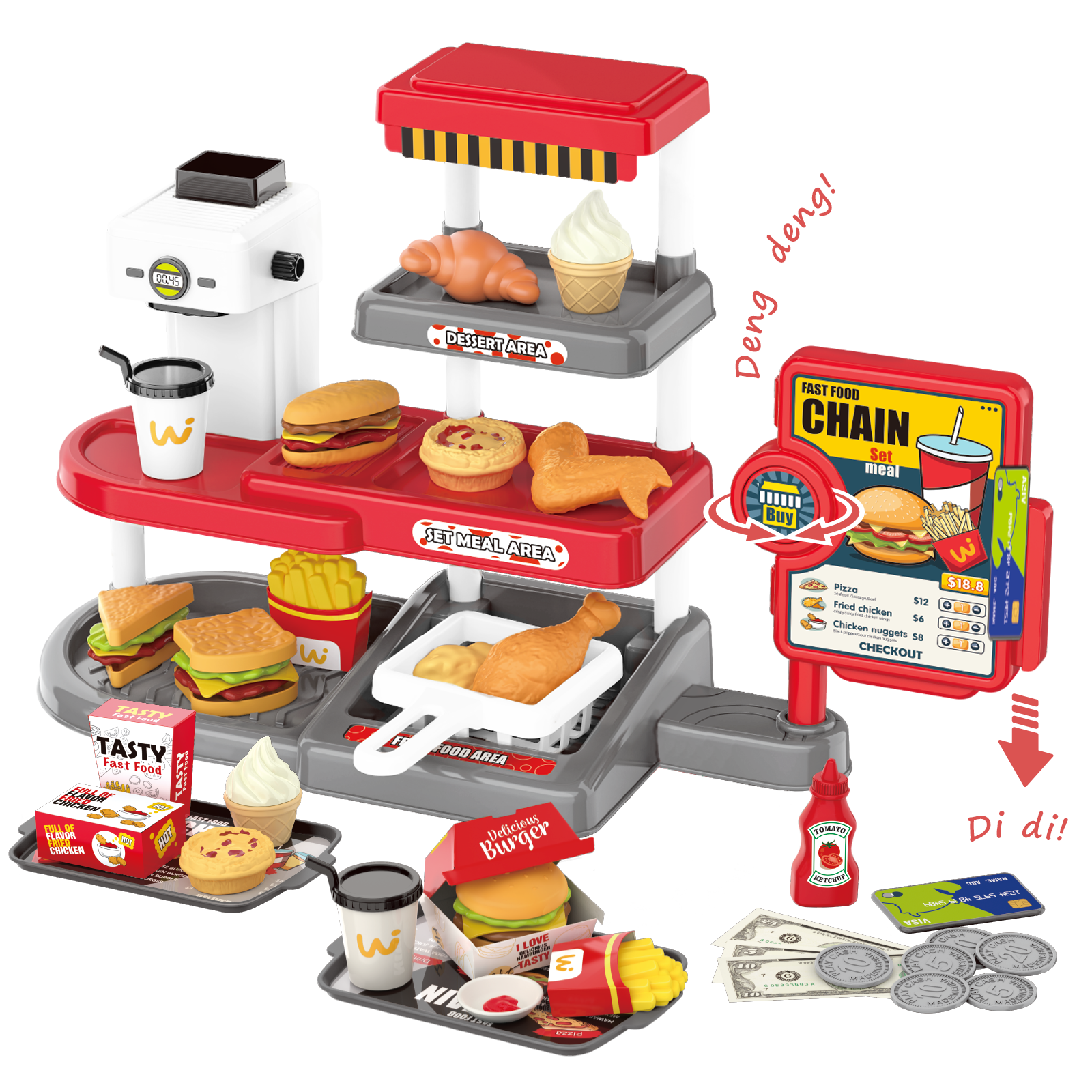 71Pcs Kids Fast Food Playset Caterer Kitchen Toy Set with Cash Registe ...
