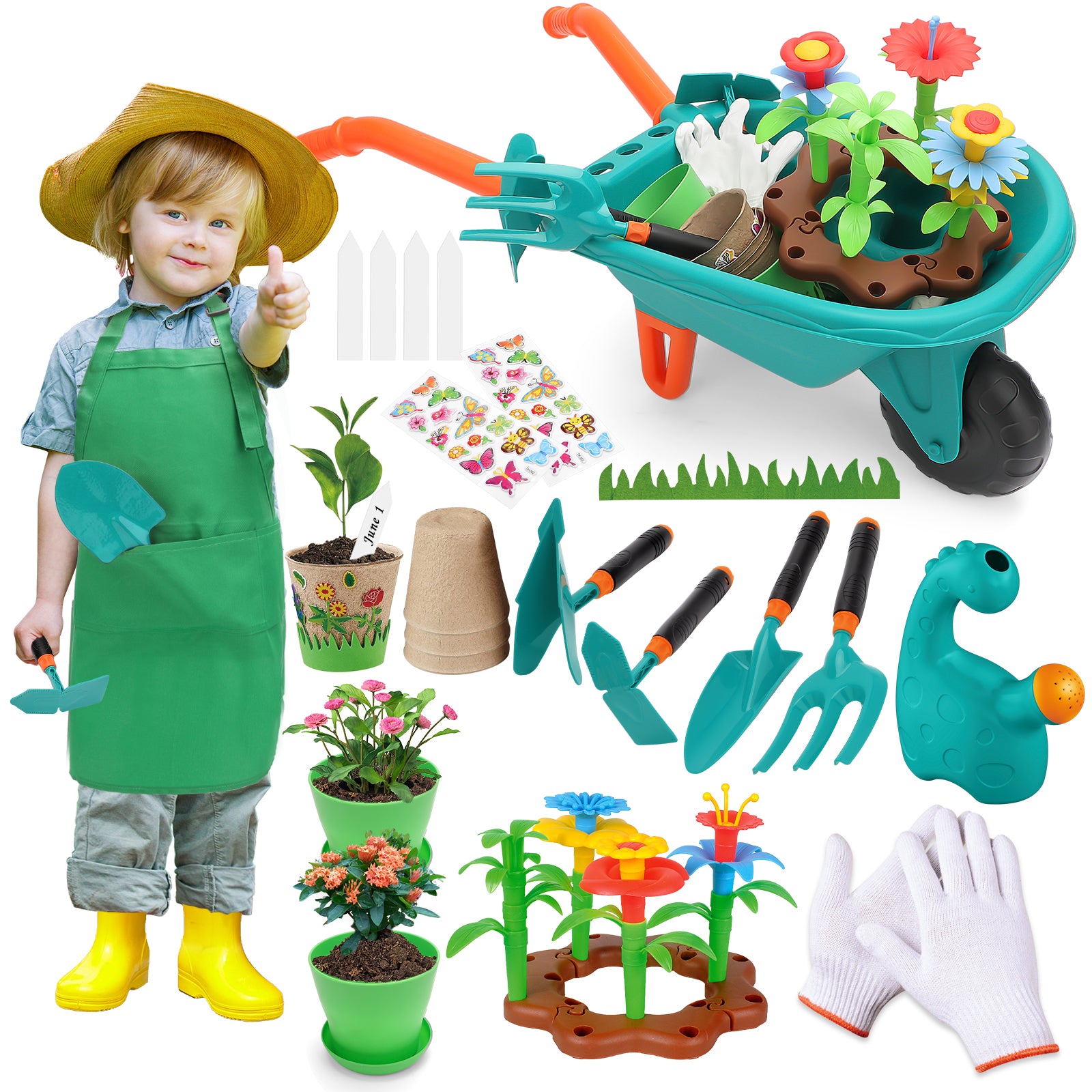 Kids Gardening Playset – 17-Piece Set with Watering Can, Flower Pots ...