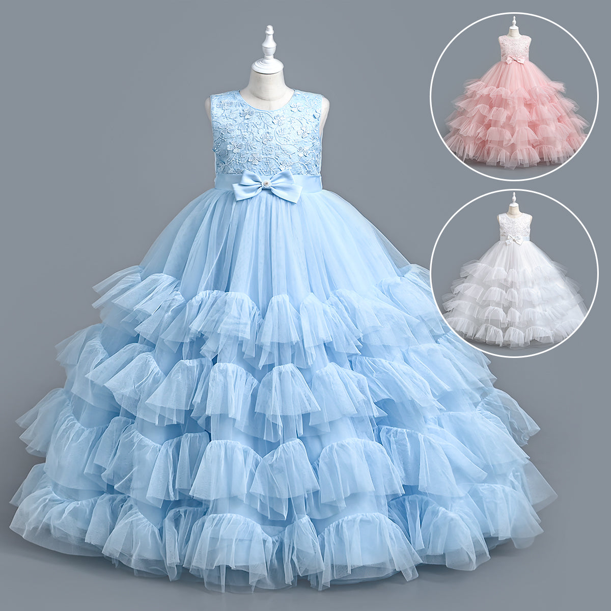 New Pageant Princess Dress Stylish Tulle Layered Embroidery Bow Dresse ...