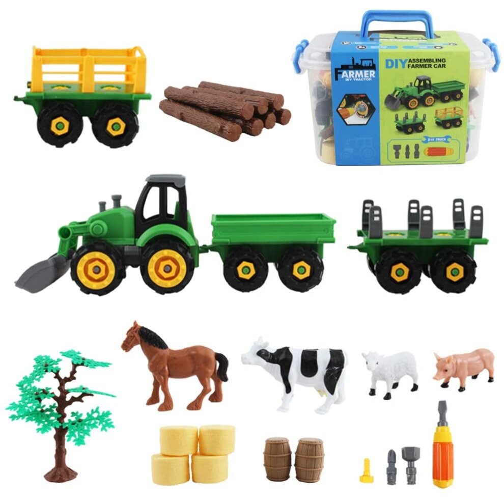 28 Pcs Farm Yard Play Set with DIY Take Apart Push Along Tractor and T ...